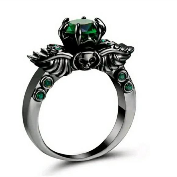 Jewelry | Sale New Classic Winged Skull Emerald Solitaire Black Gold Ring | Poshmark